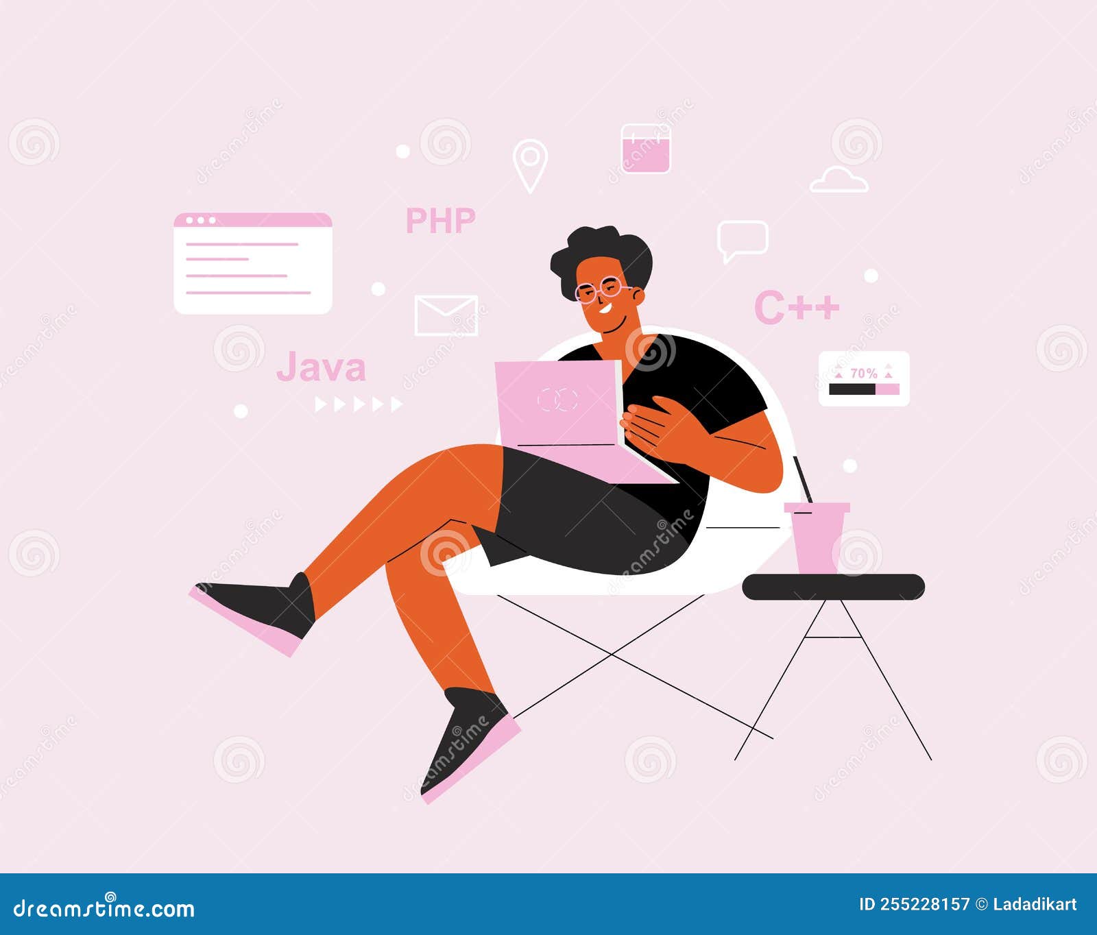 Programming Vector Concept with Geek Boy Working Laptop. Student Study Web Language, Java Script ...