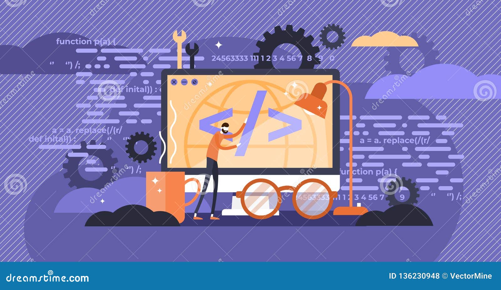 Programming Vector Illustration. Flat Tiny Person Concept with it Computer Stock Vector ...