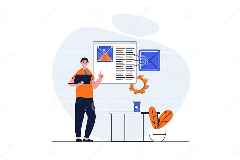 Programming Web Concept with Character Scene. Man Making Program and Creating Webpage Layout at ...