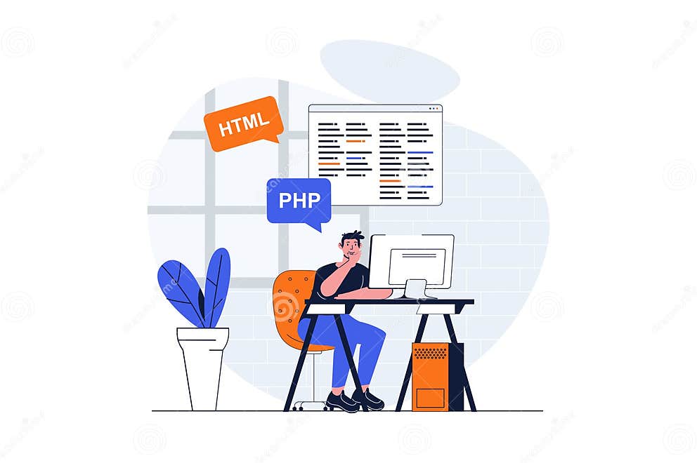 Programming Web Concept with Character Scene. Man Working with Php and Html Languages and Making ...