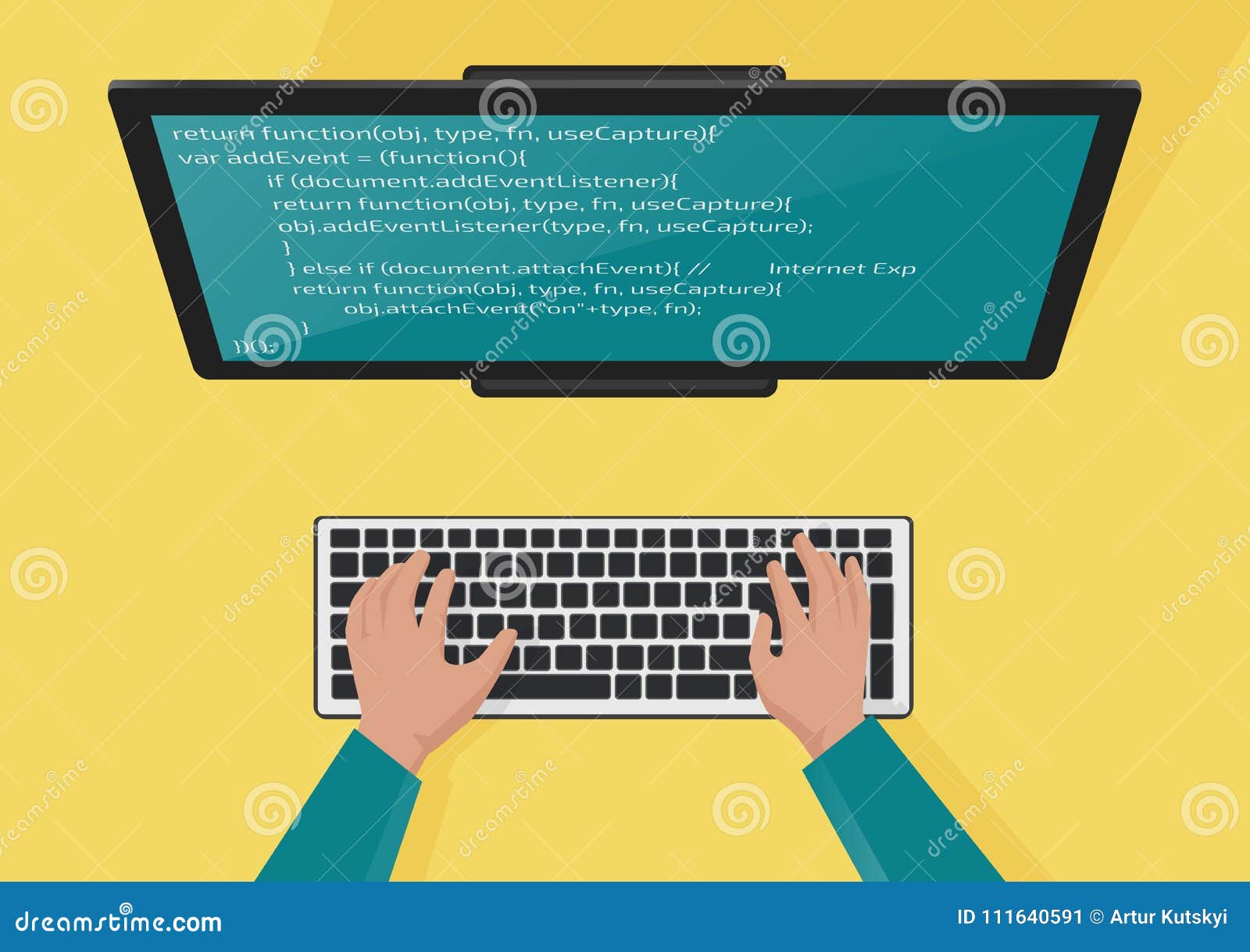 Code On Screen Vector Illustration Flat Cartoon Coding Or Programming Script Text On Monitor
