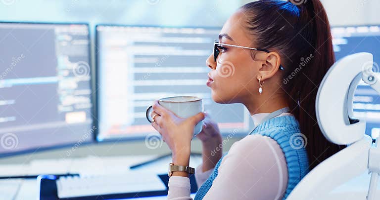 Programming, Woman or Coffee with Computer for Software Development, Reading Information or ...