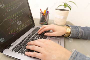 Programming Work Time. Programmer Typing New Lines of HTML Code Stock Image - Image of display ...