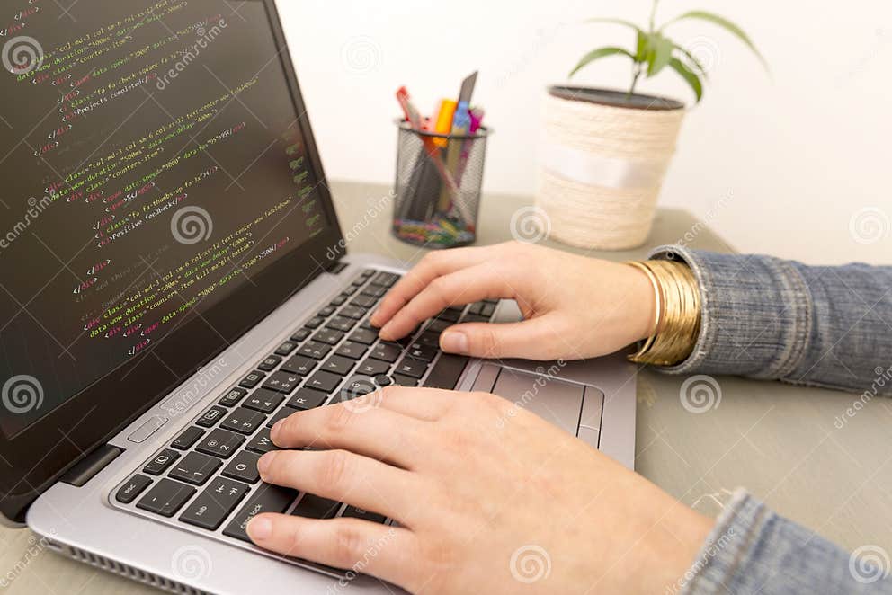 Programming Work Time Programmer Typing New Lines Of Html Code Stock