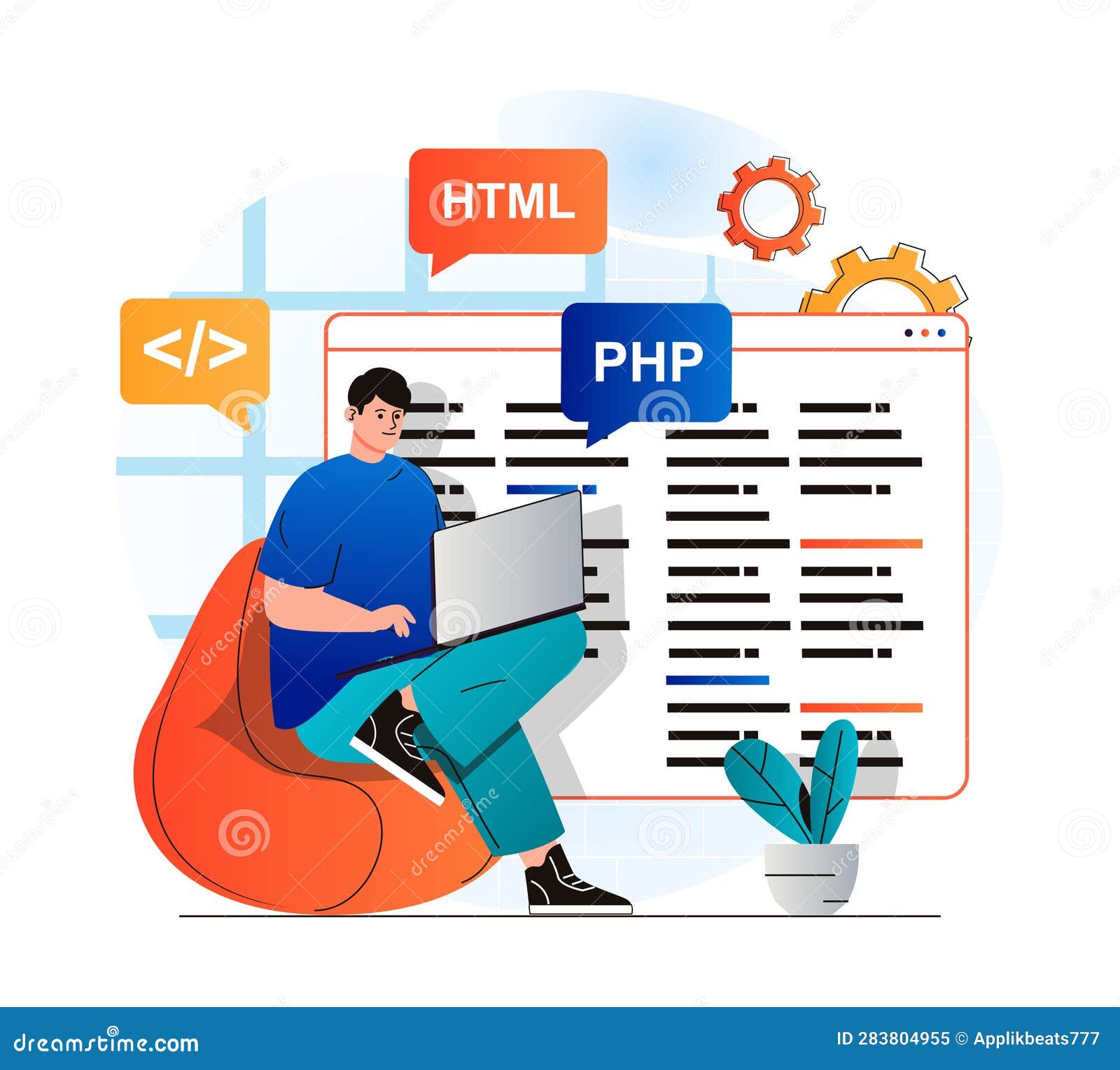 Programming Working Concept in Modern Flat Design. Developer Programs in Html and Php Languages ...