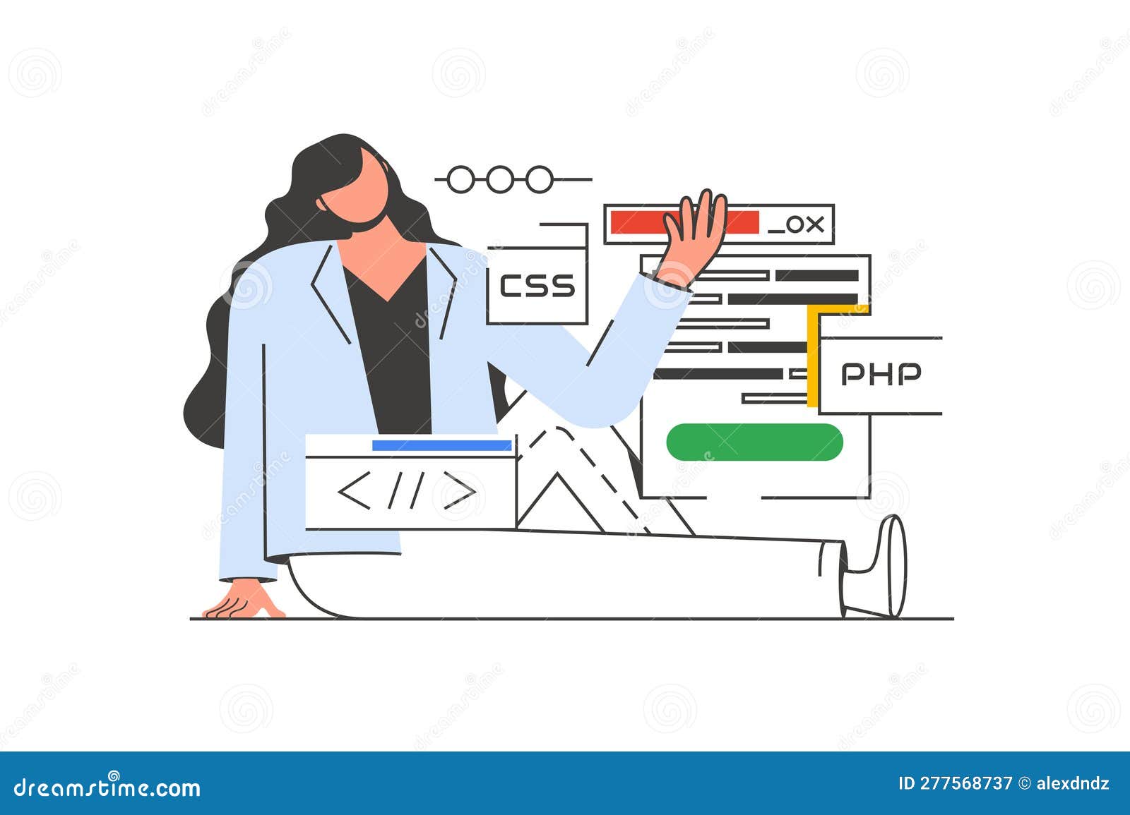 Programming Working Outline Web Concept with Character Scene. Vector Illustration Stock ...