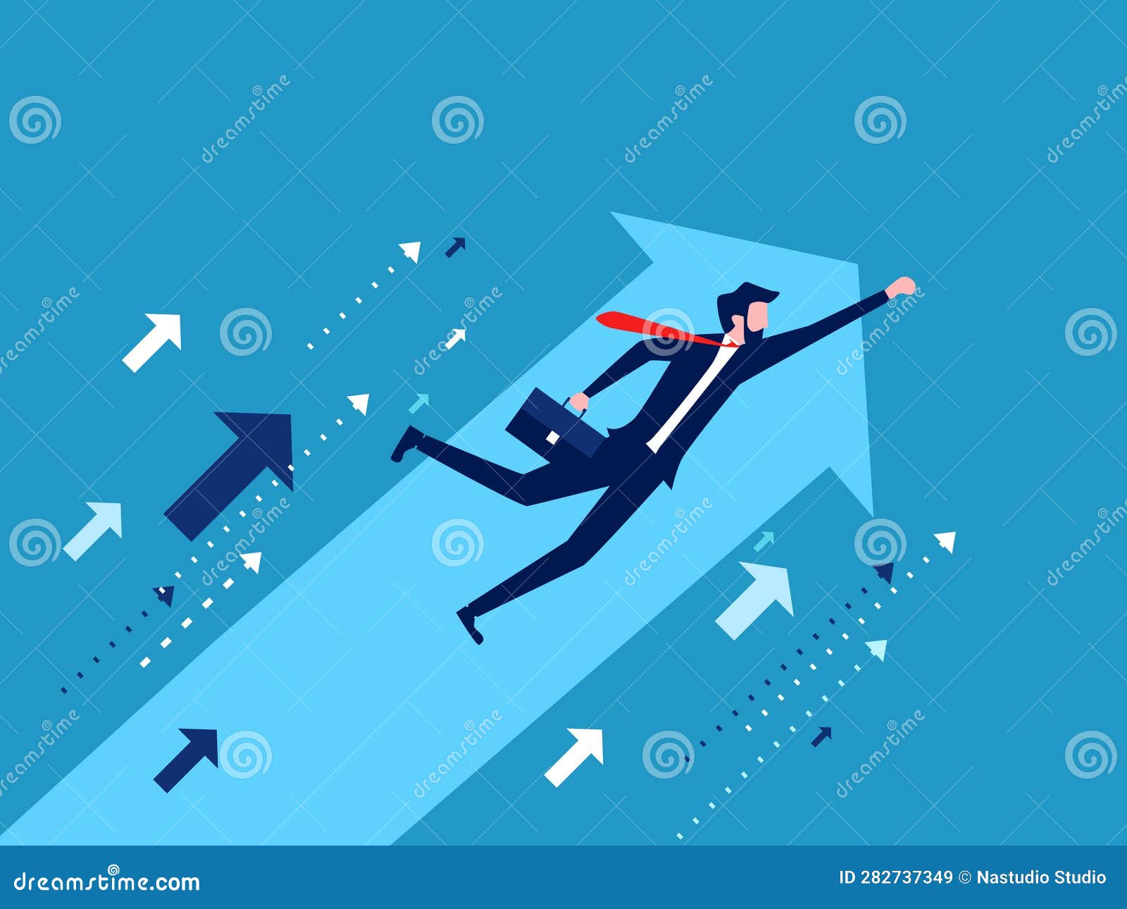 Progreso Y Crecimiento. Empresario Volando Con Flecha De Crecimiento ...