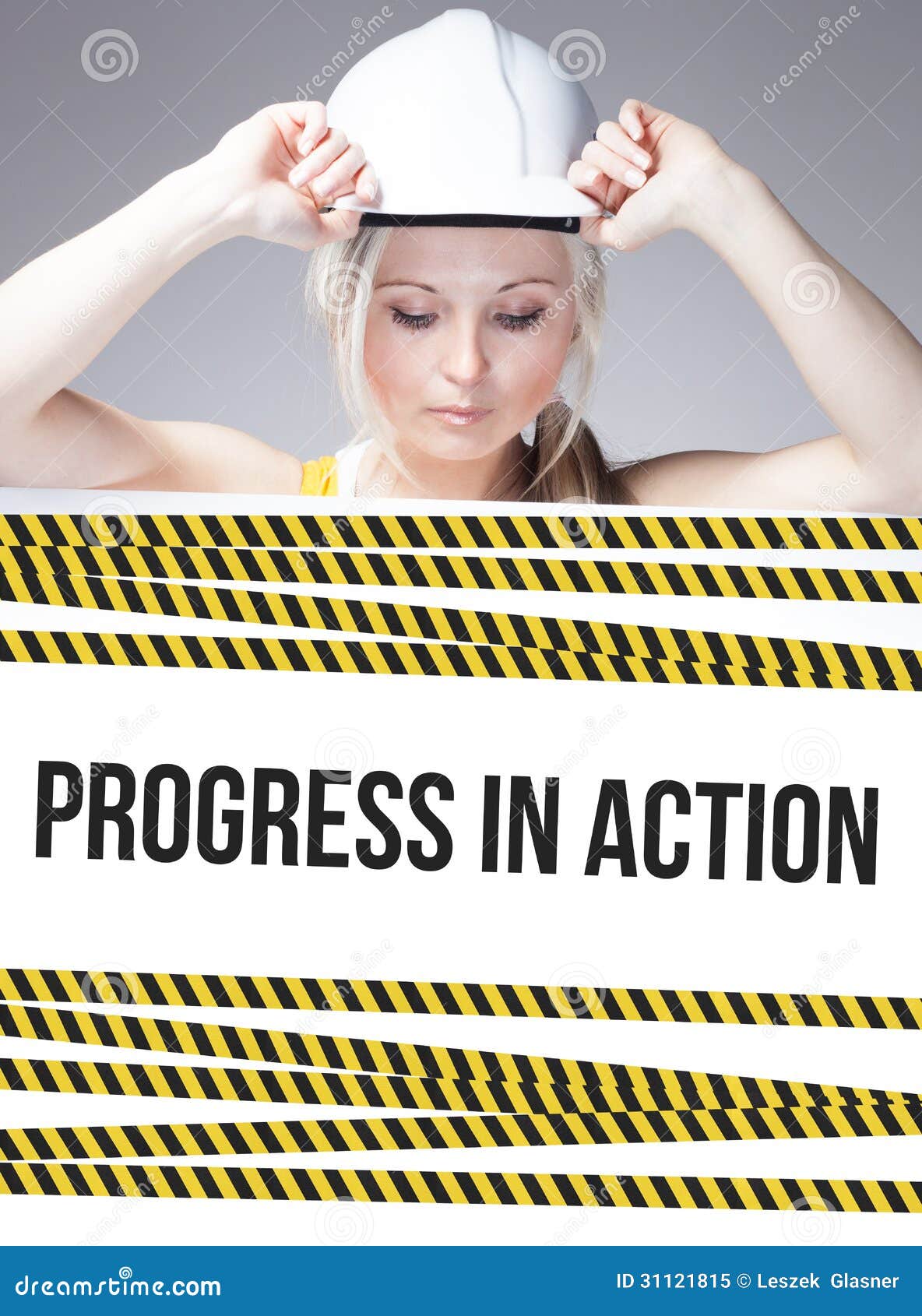 Progress in Action Sign on Information Poster, Worker Woman Stock Image ...