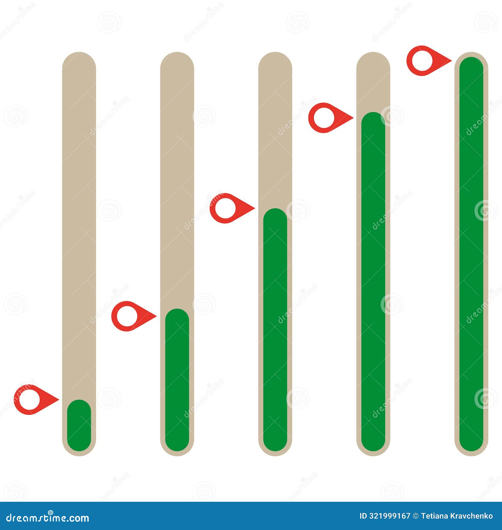 Progress Bar Indicators. Beige and Green Colors. Red Pointers on Levels ...