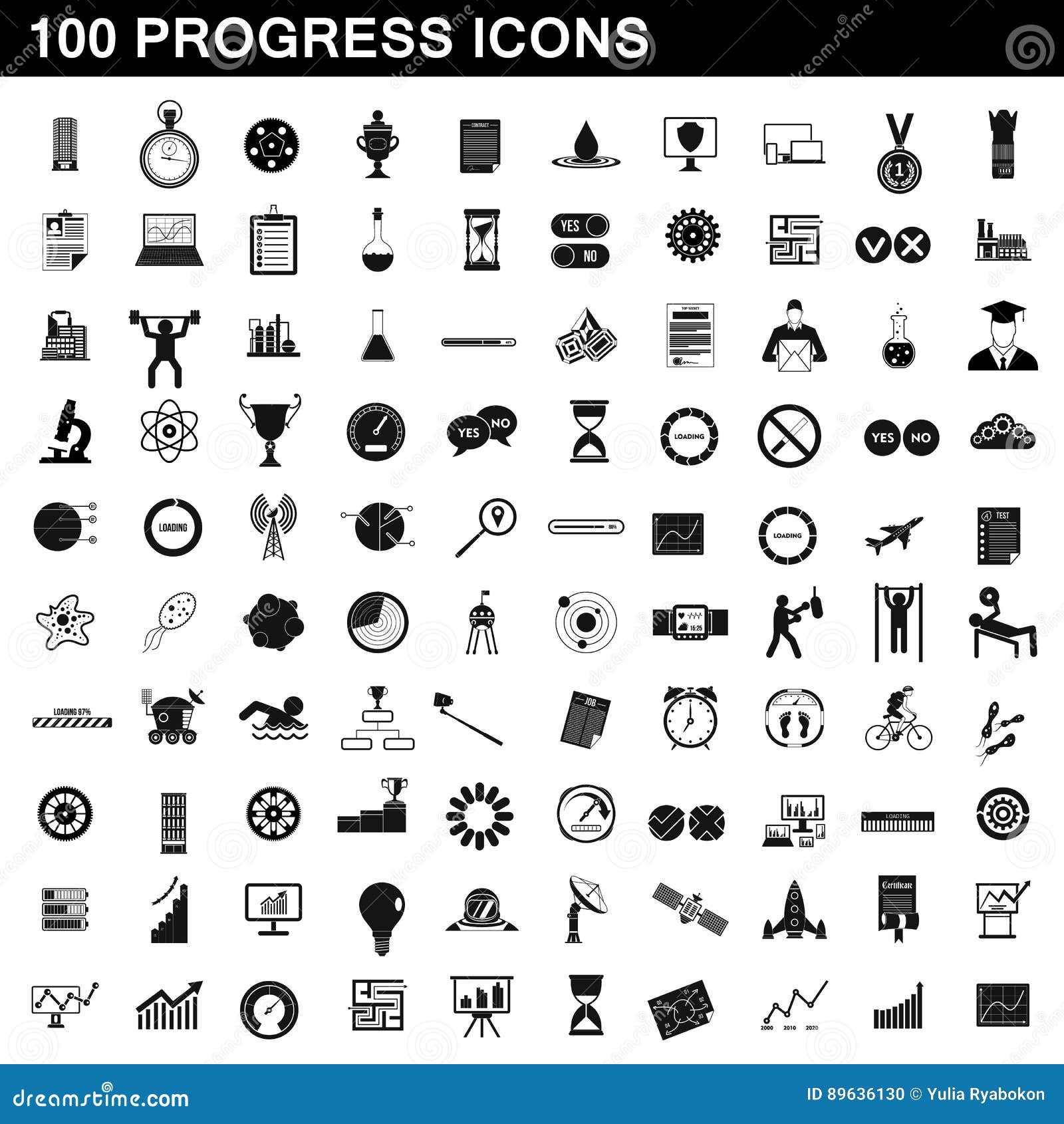 100 Progress Icons Set, Simple Style Stock Vector - Illustration of ...