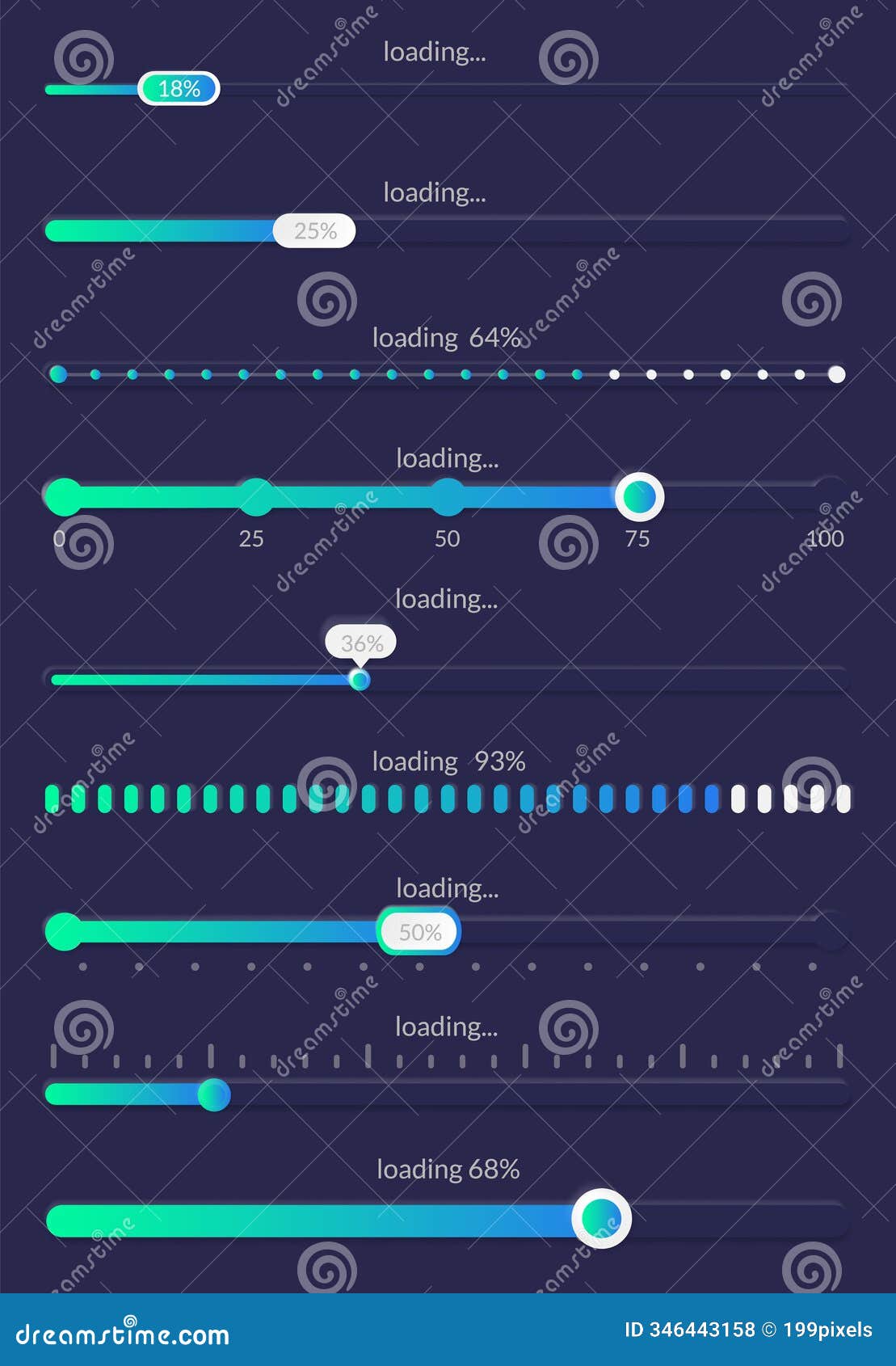 Progress Load Bar. Indicator of Status Download. Graphic Icons of Interface. Neon Buttons of ...