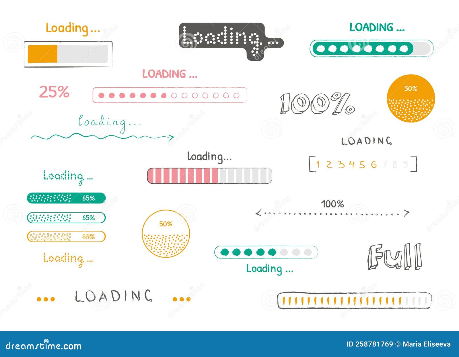 Progress Loading Bar Set Of Doodle Icons Hand Drawn Sketch Vector