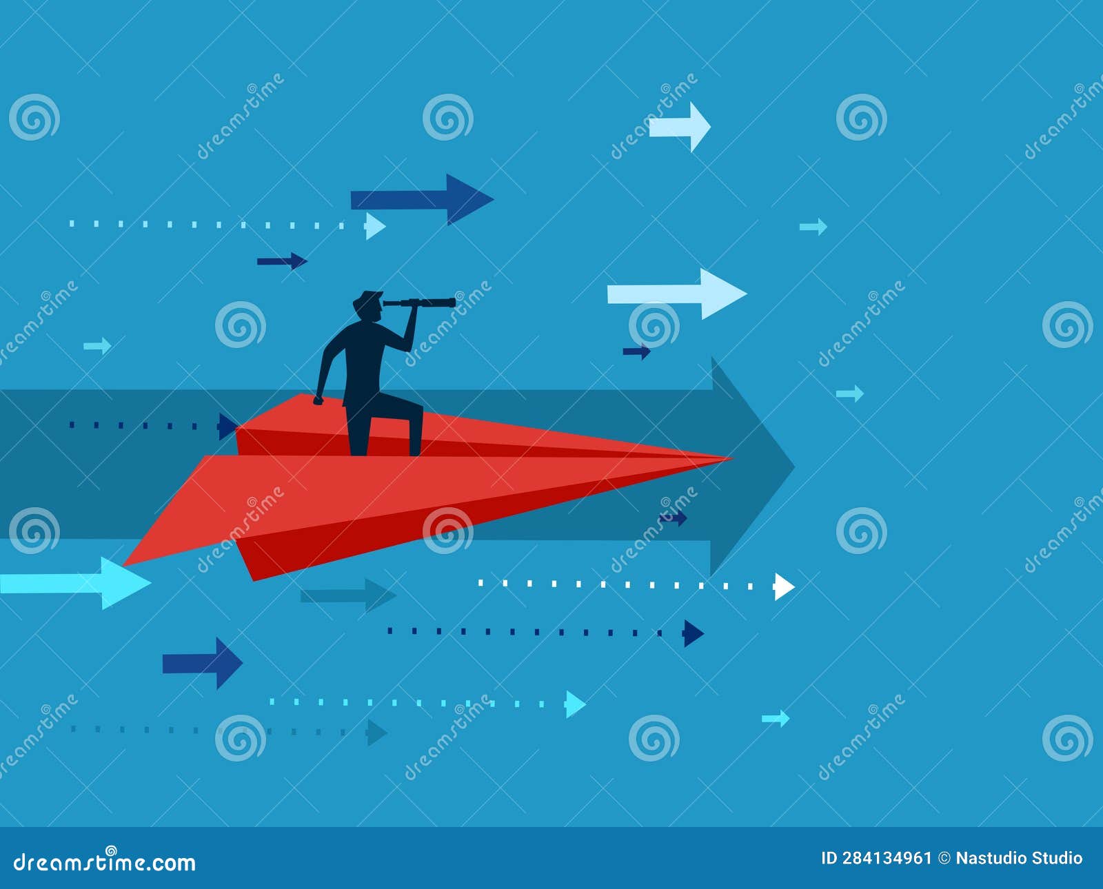 Progressive Leadership Vision. Man Shines a Telescope on Paper Plane ...