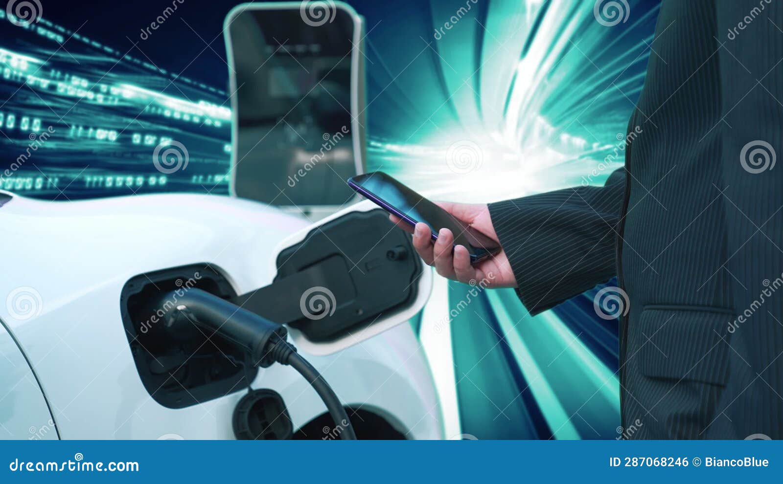 Progressive Man Check EV Car Status on Smartphone, Background of Binary ...