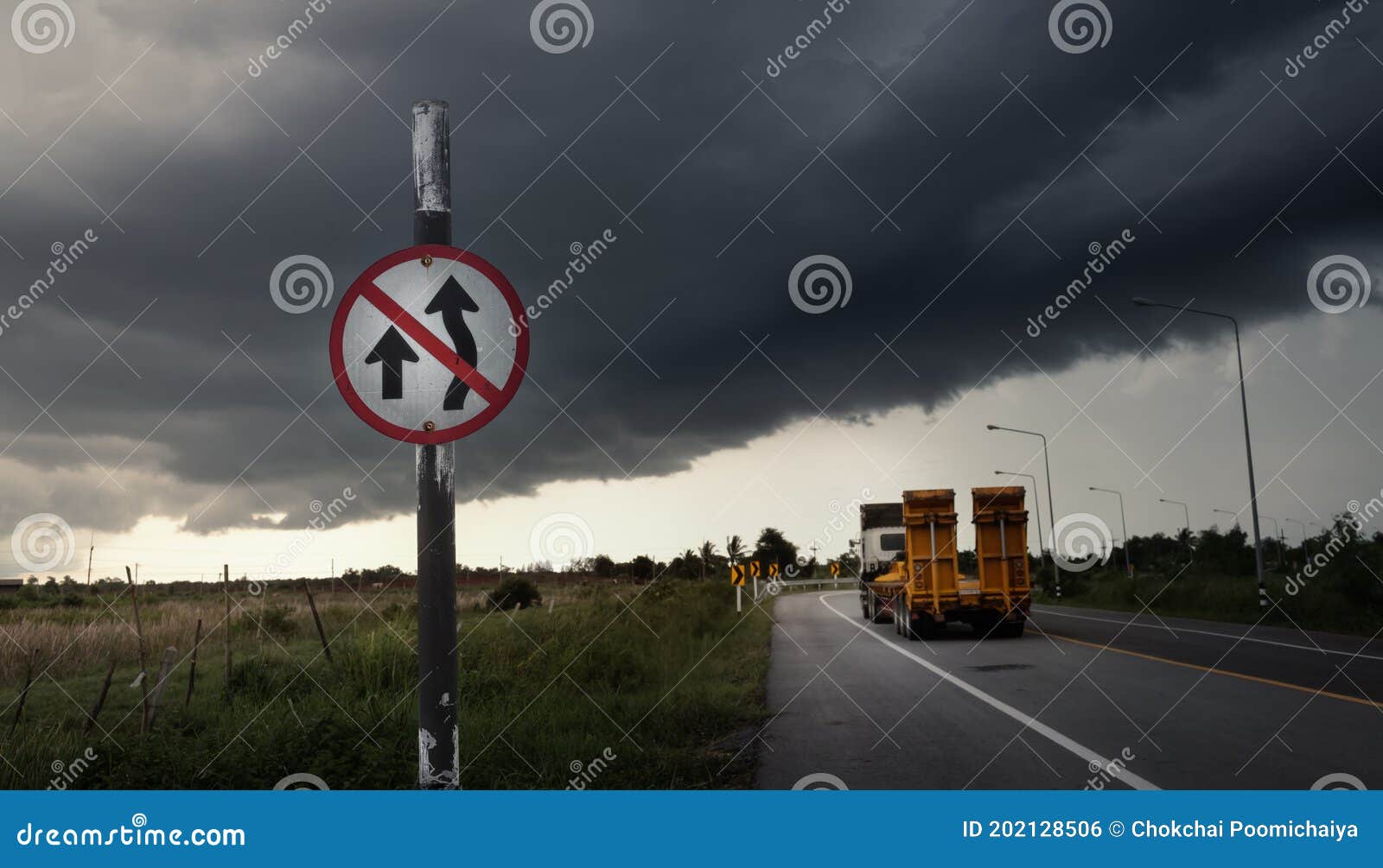 Prohibited Overtaking Traffic Sign on a Countryside Road with Stormy ...