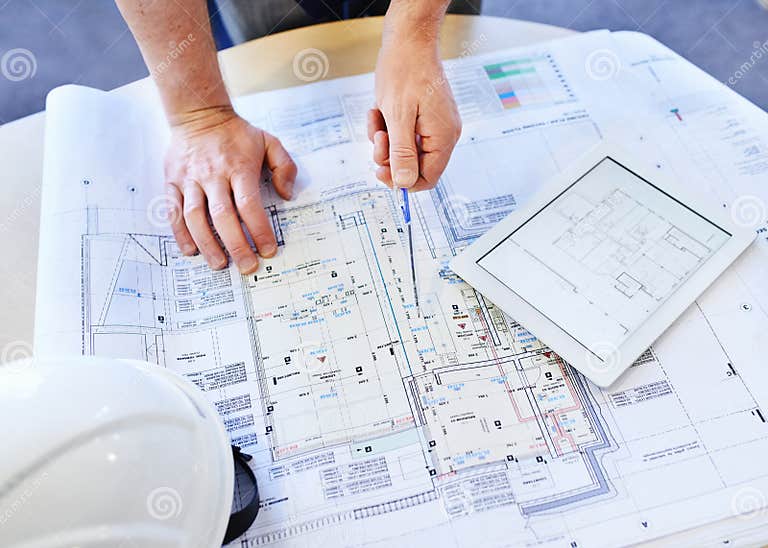 Project, Architect and Planning with Tablet, Design and Vision for Building and Development ...