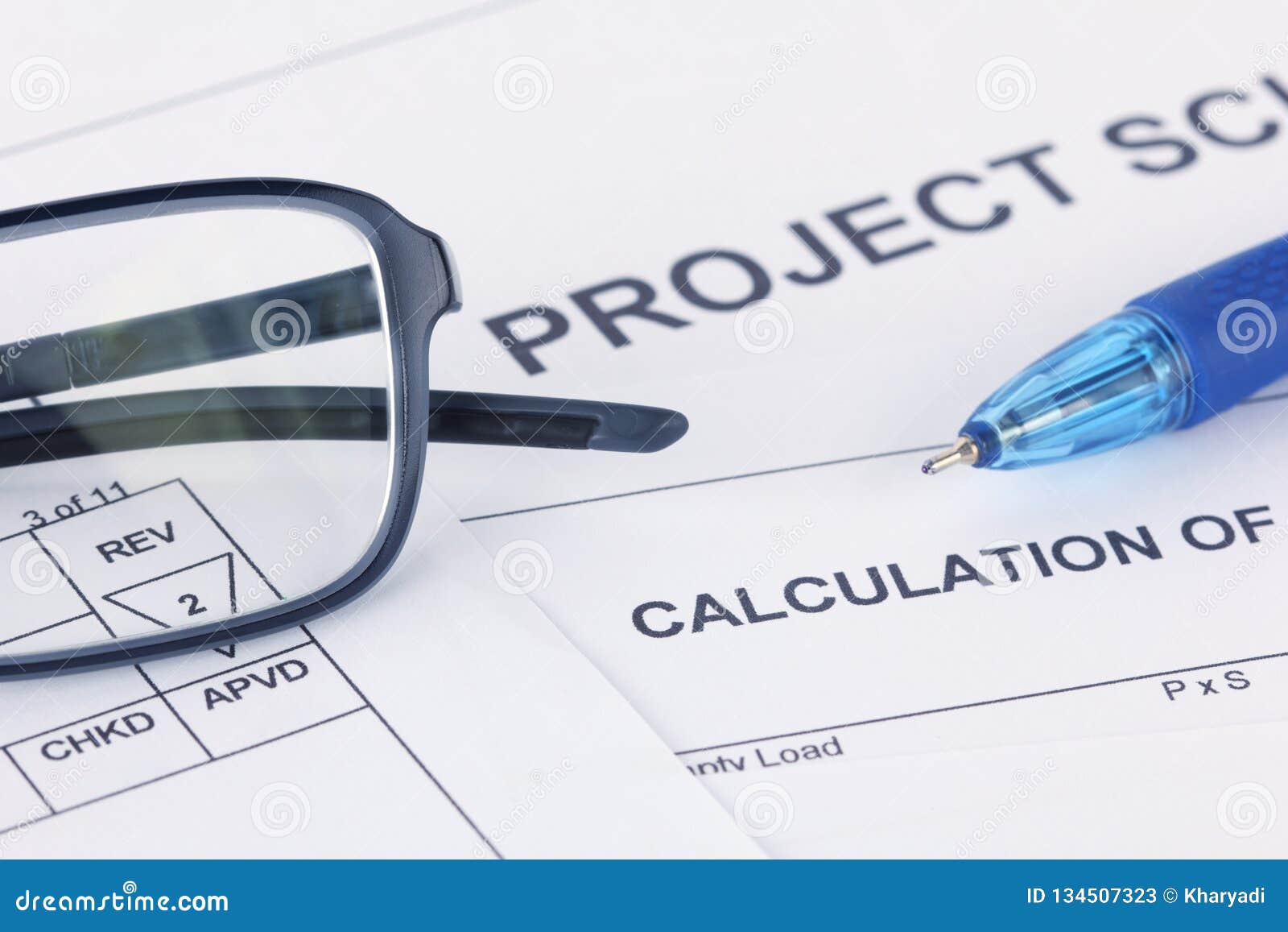 Project Calculation Document with Pen and Eyeglasses Stock Image ...