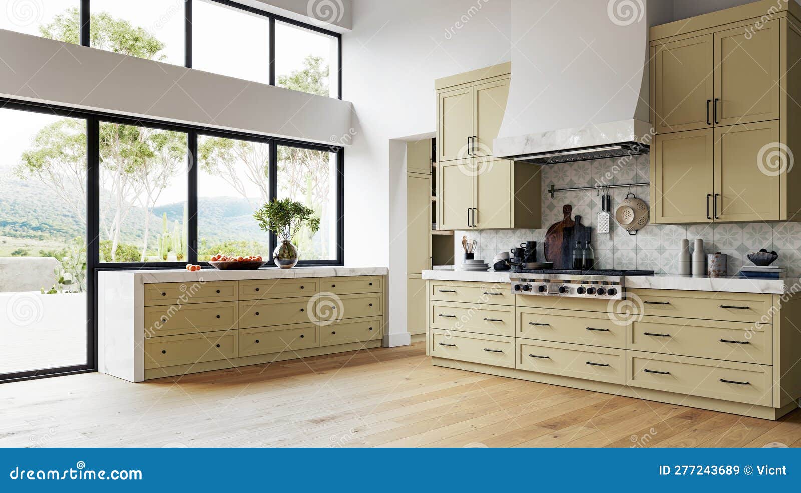 The Project of a Classic Kitchen with a Panoramic Window Stock ...