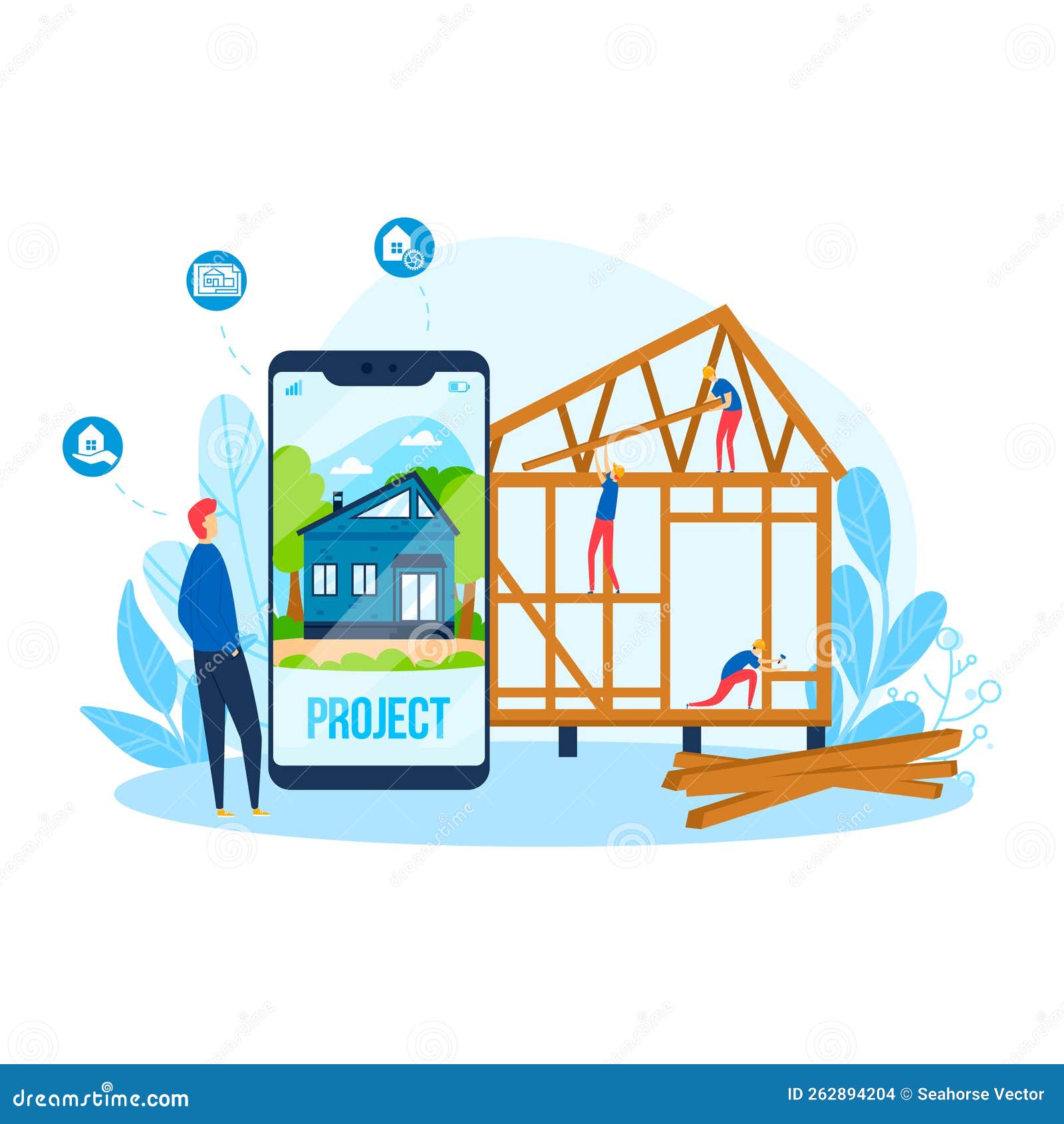 Project Construction, People Build Home from Smartphone, Vector Illustration. Worker Builder ...