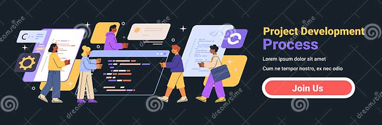 Project Development Process Teamwork Coding Collaboration Diverse People Interacting Colorful ...