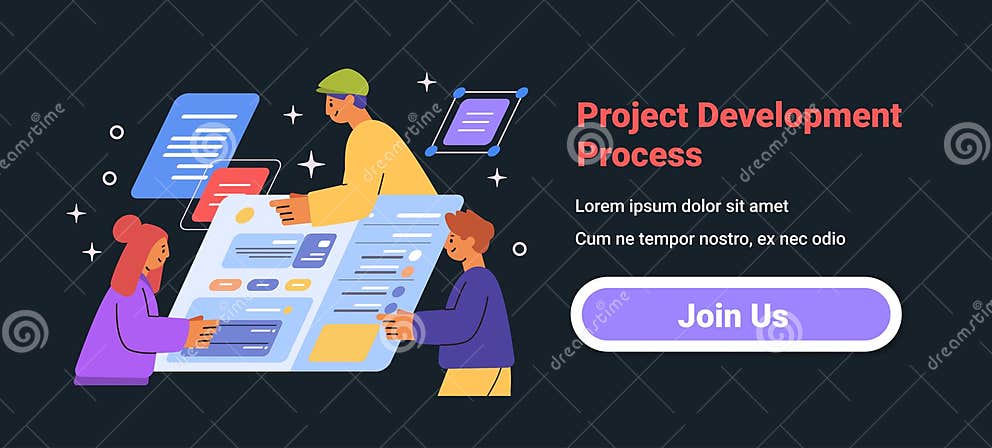 Project Development Process Teamwork Concept Colorful Characters Collaborating on Digital ...