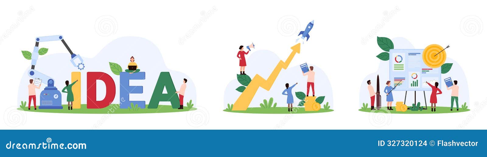 Project Development, Tiny People And Robot Build Idea, Launch Rocket, Analyze Chart Set Vector ...