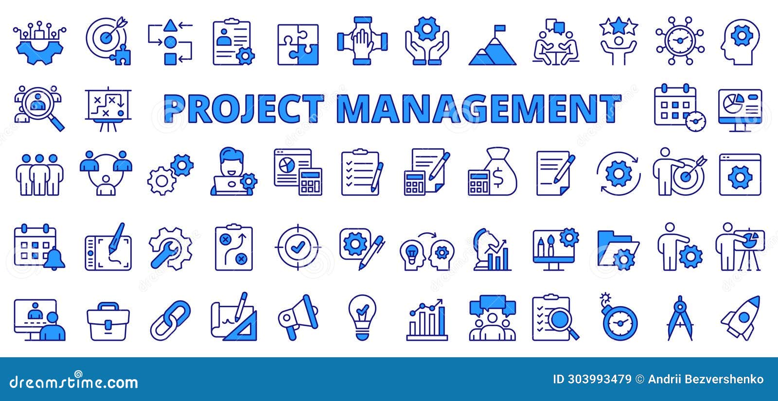 Project Management Icons in Line Design Blue. Business, Work, Office ...