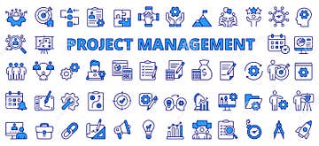 Project Management Icons in Line Design Blue. Business, Work, Office ...