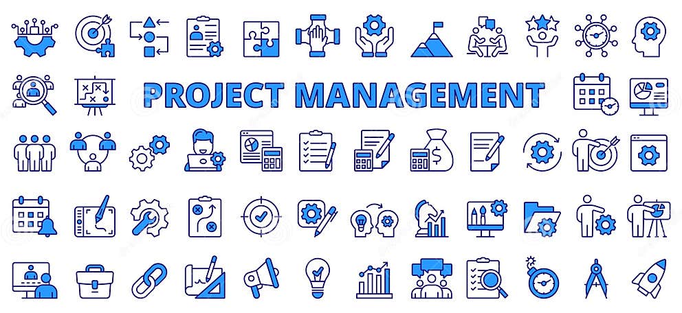 Project Management Icons in Line Design Blue. Business, Work, Office ...