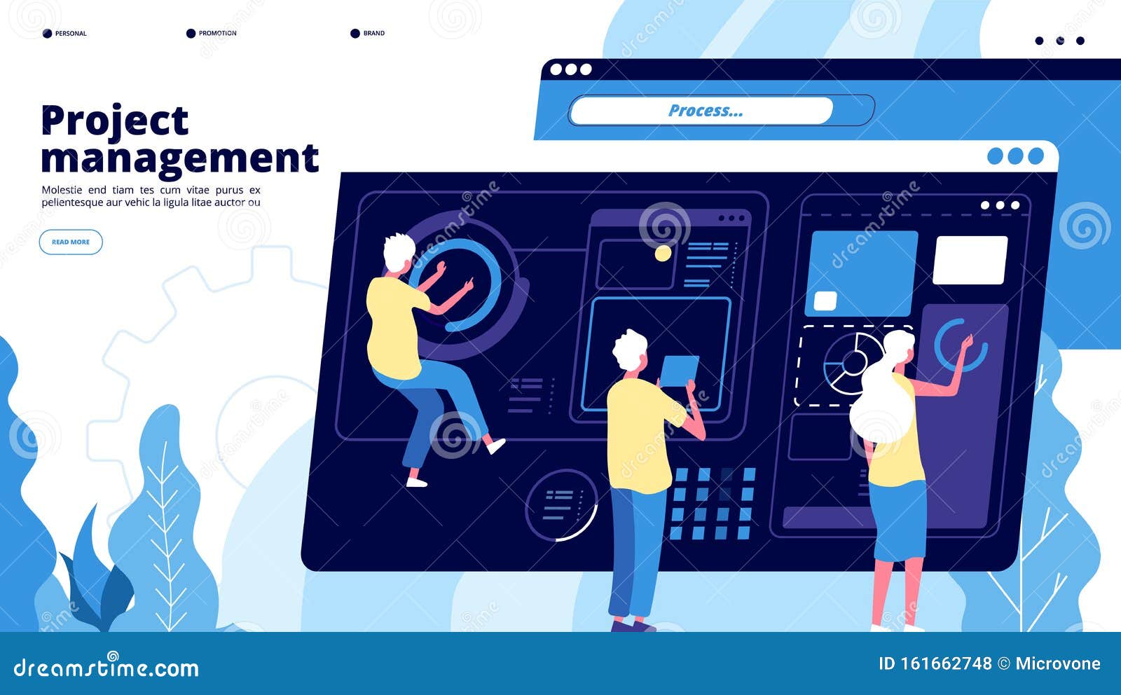 Project Management Landing. Tiny Guys Manage Charts on Dashboard ...