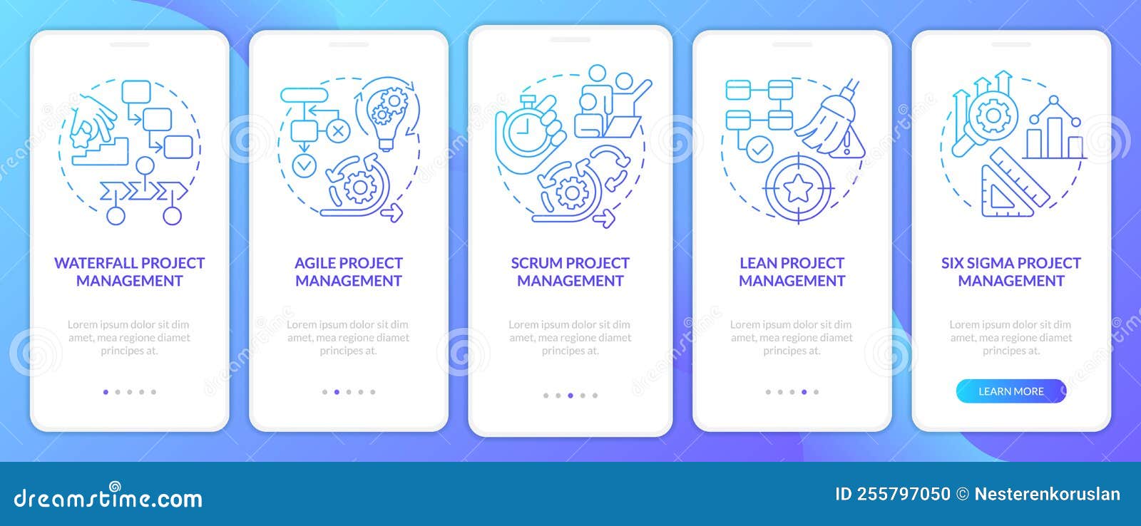 Project Management Styles Blue Gradient Onboarding Mobile App Screen Stock Illustration