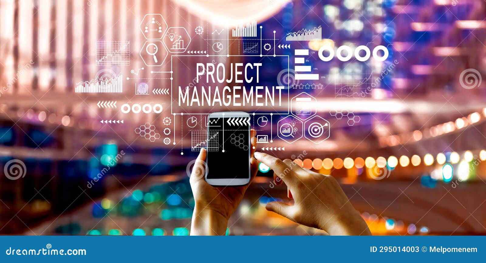 Project Management Theme with Big City at Night Stock Image - Image of ...