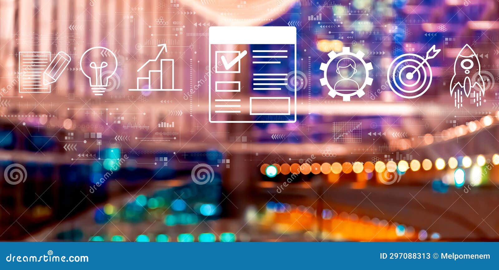 Project Management Theme with Big City at Night Stock Image - Image of ...