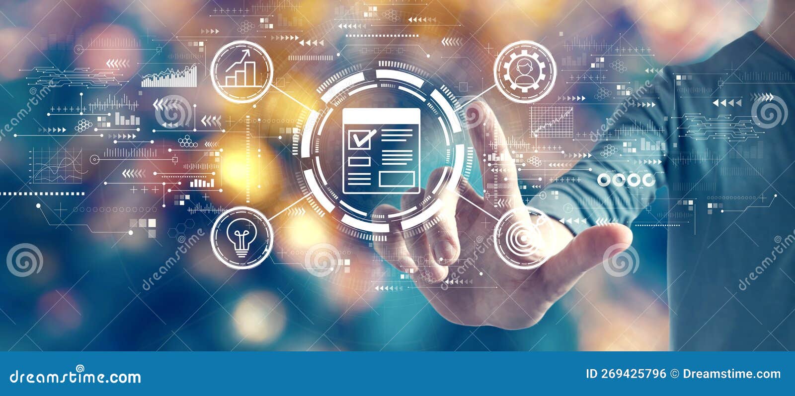 Project Management Theme with Man on Blurred City Light Background ...