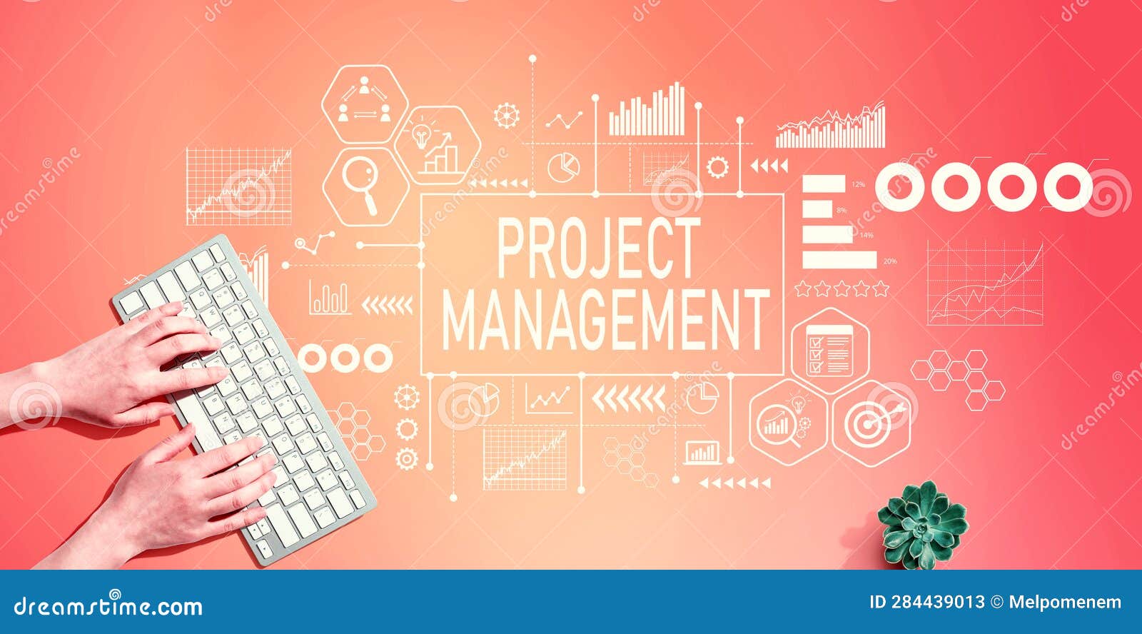 Project Management Theme with Person Using Computer Keyboard Stock ...