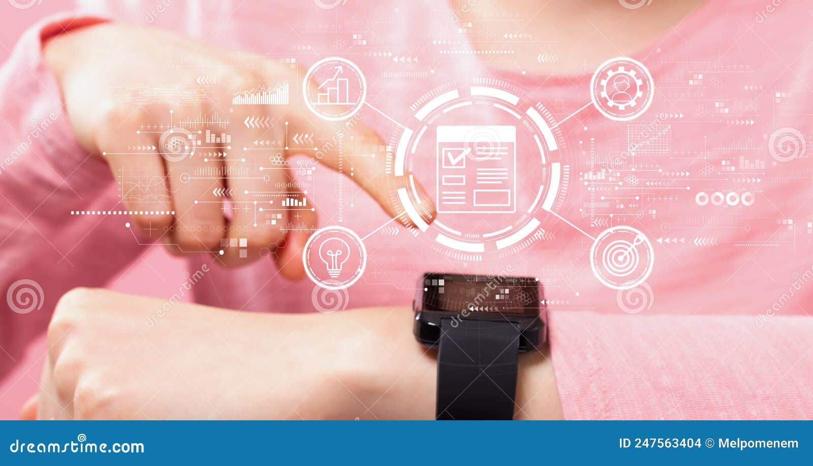 Project Management Theme with Woman Pressing Smart Watch Stock Photo ...
