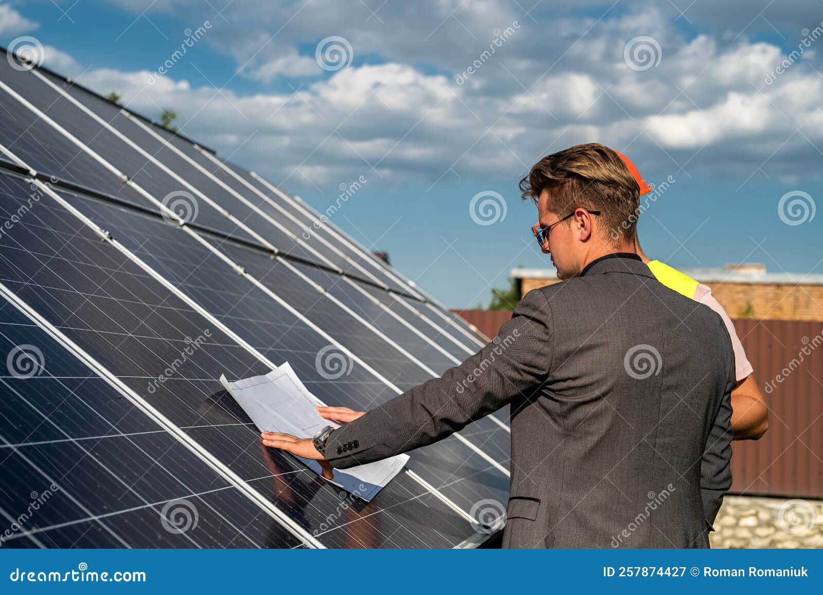 Project Manager Discuss with Worker Installation Process Solar Panel ...
