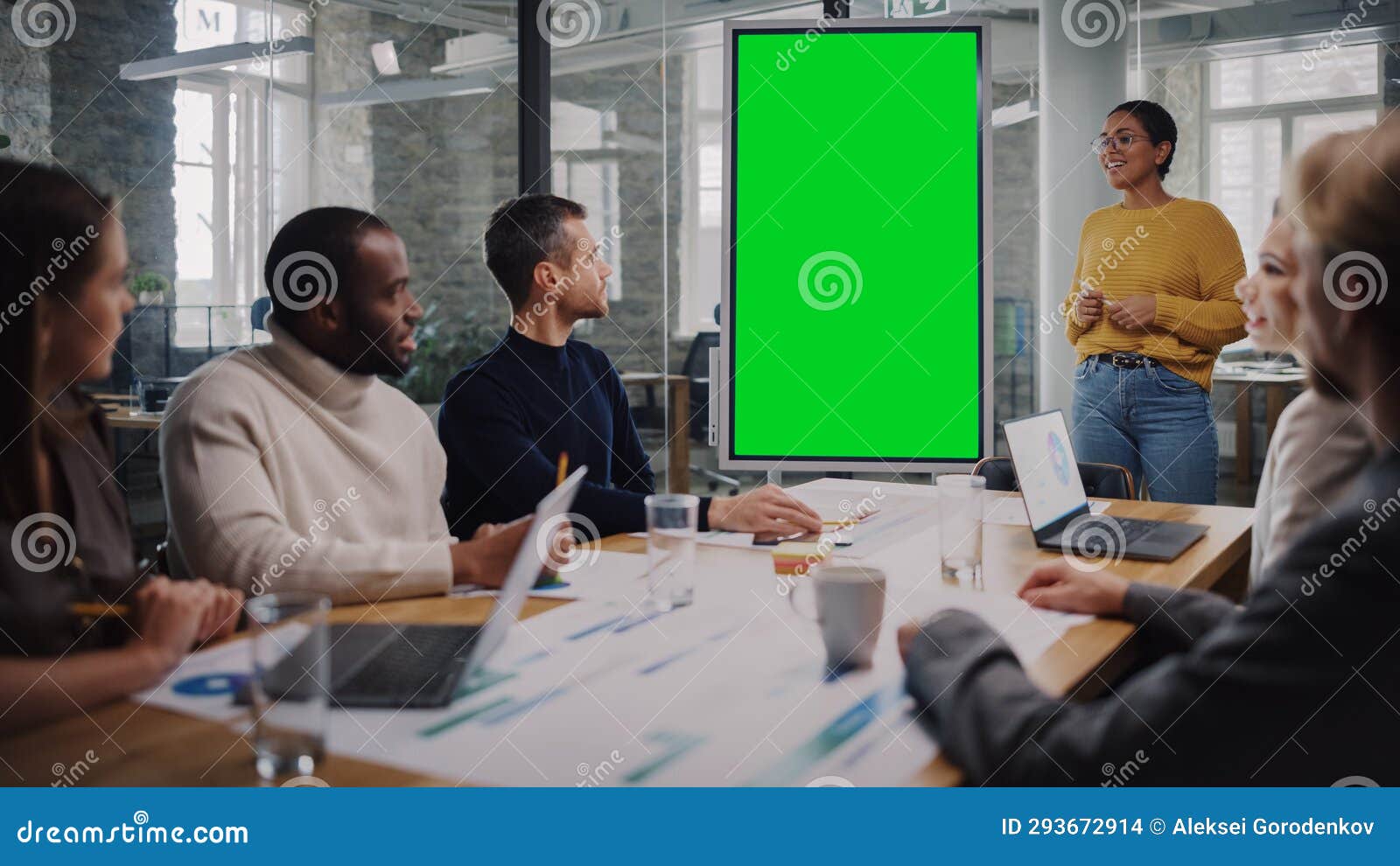 Project Manager Makes a Presentation on a Green Screen Mock Up Display ...