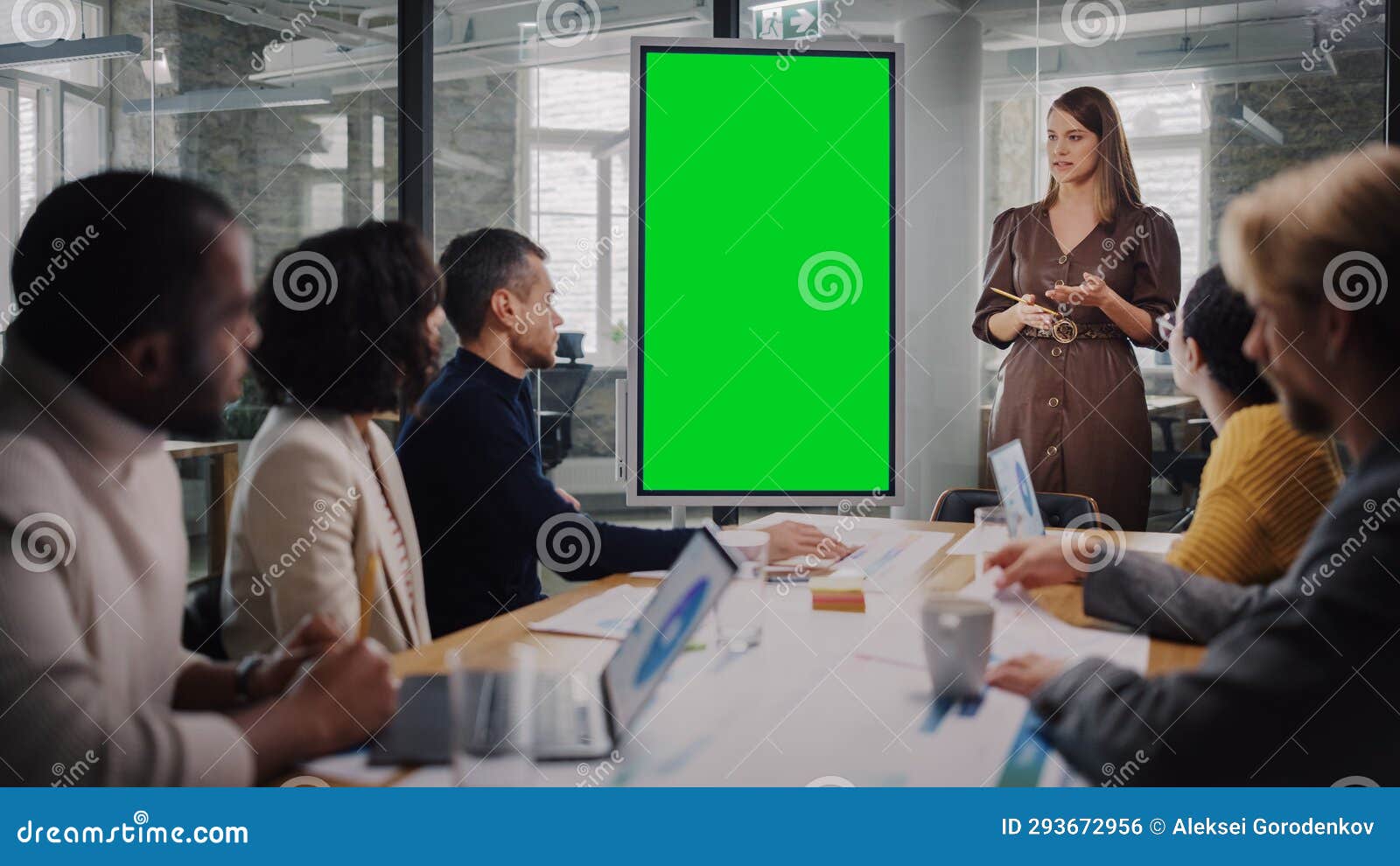 Project Manager Makes a Presentation on a Green Screen Mock Up Display ...