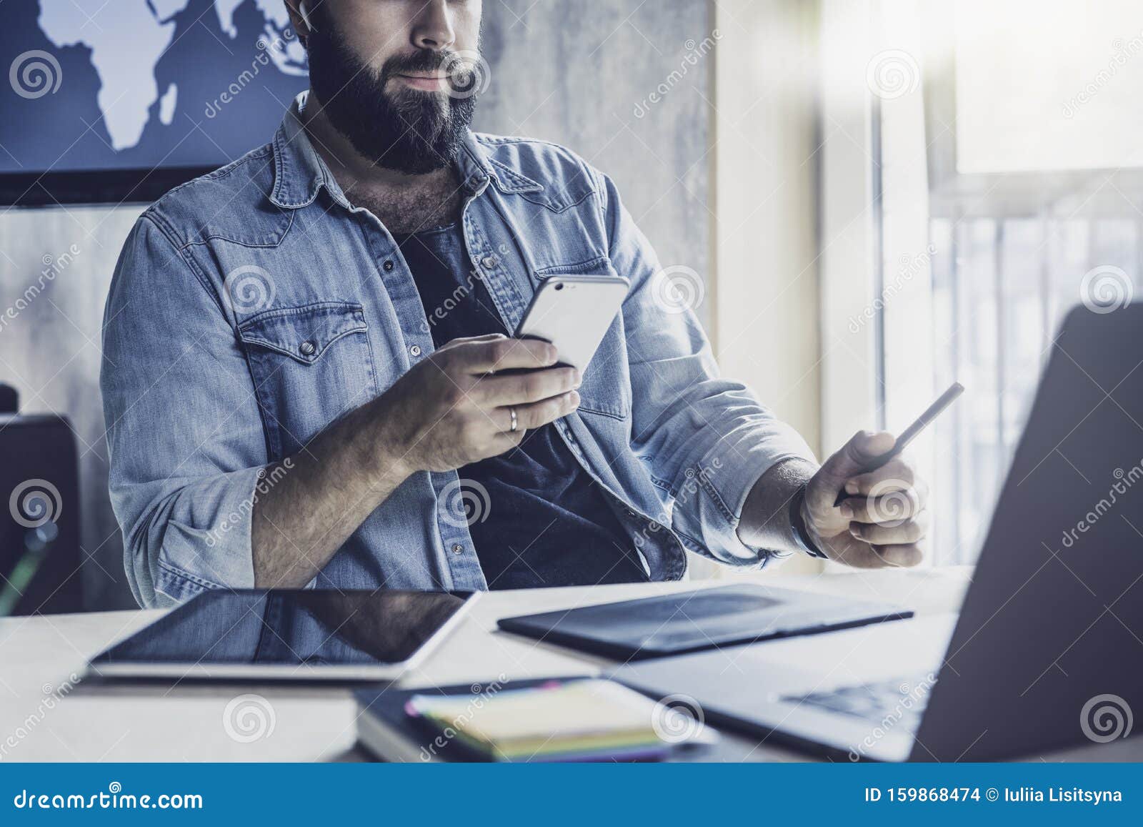 Project Manager Using Digital Devices and Gadgets in Work. Man Checking ...