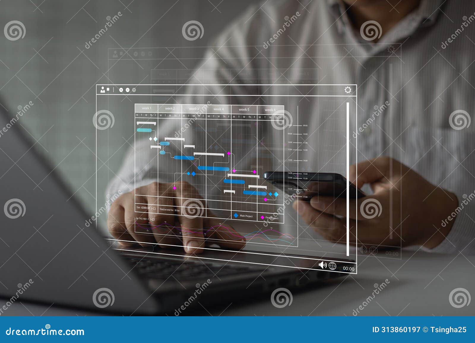 Project Manager Work with Smartphone or Tablet, Laptop Computer and ...
