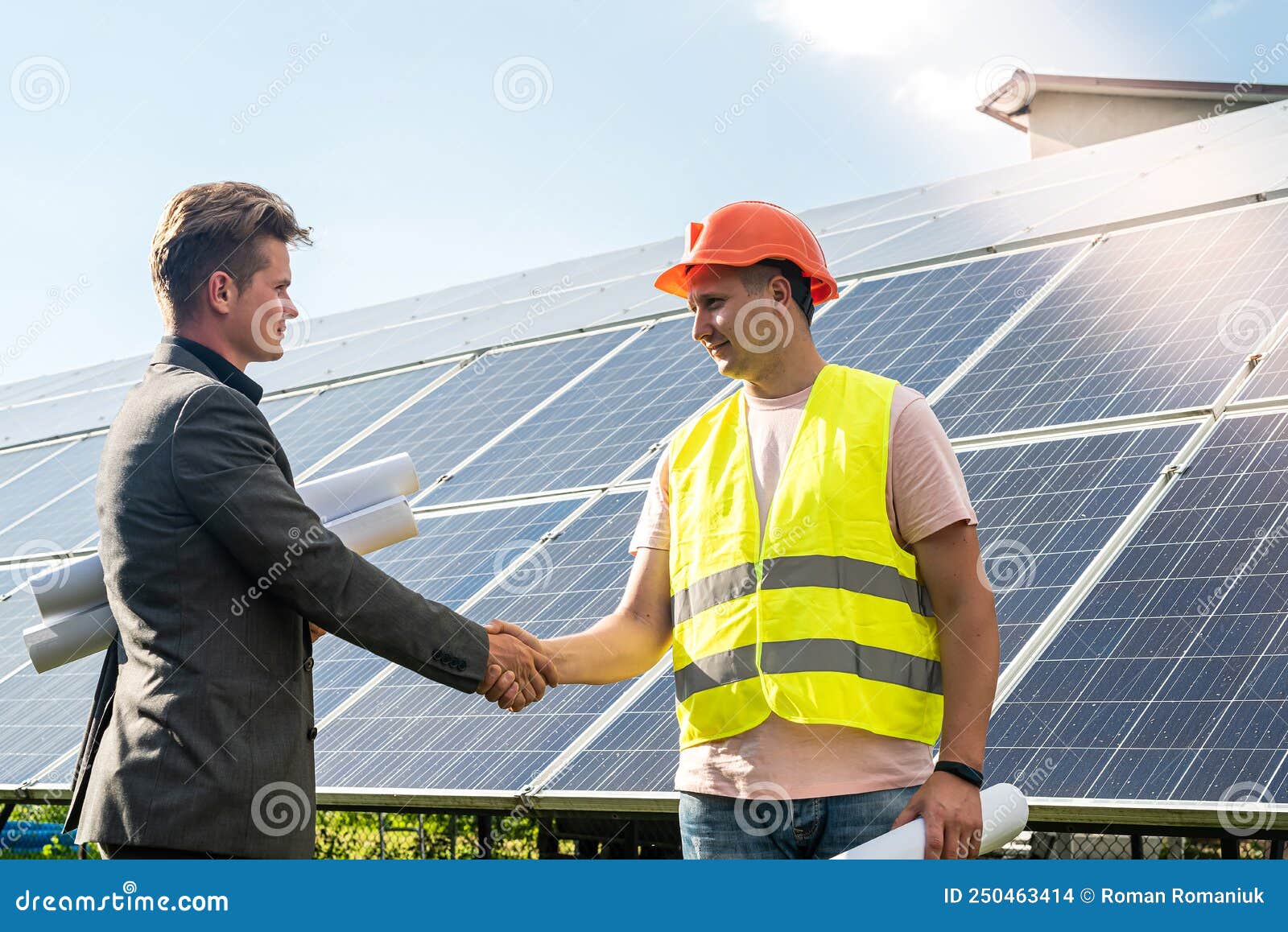 Project Manager and Worker Finished Installation Solar Panels Stock ...