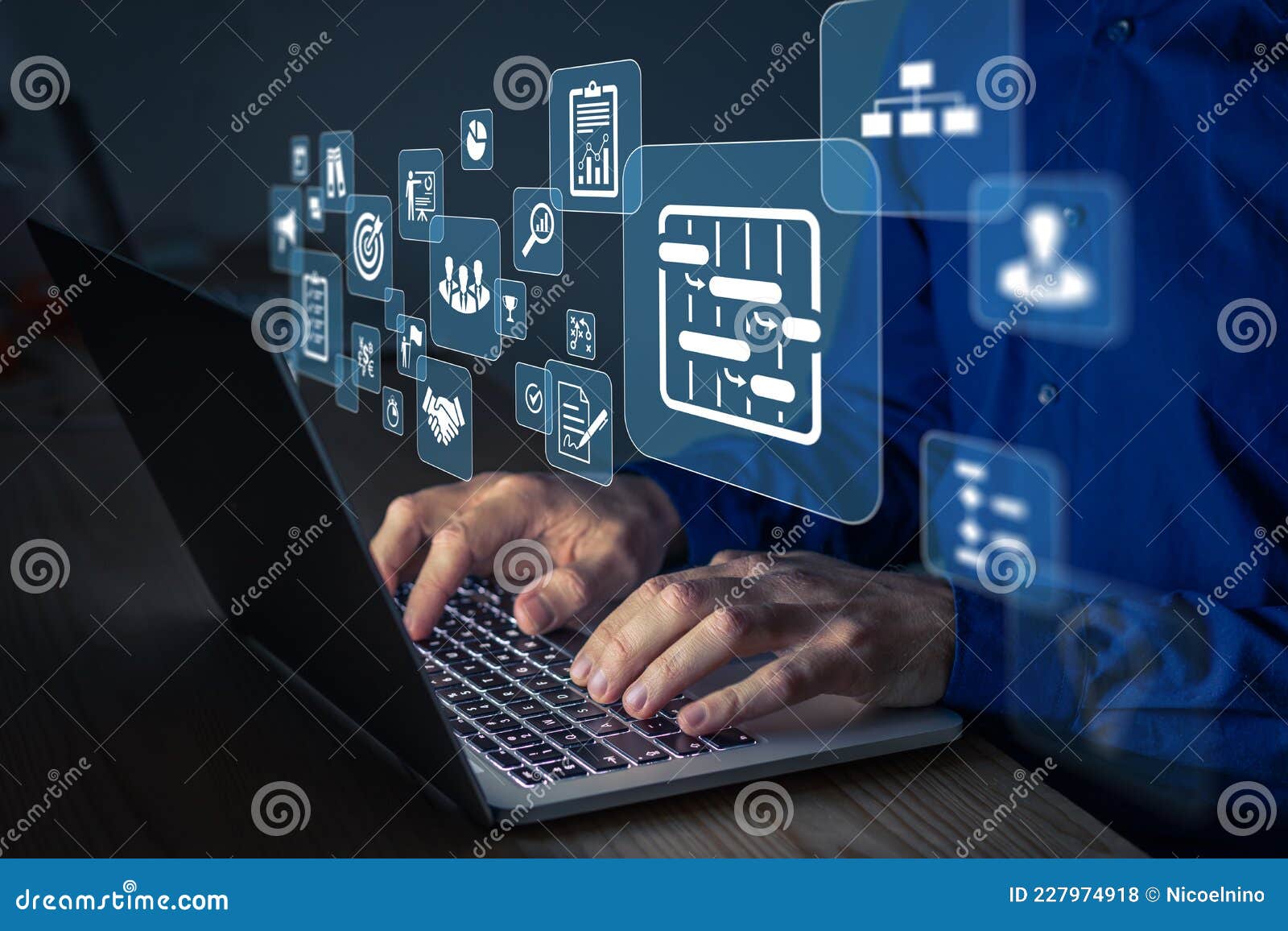 Project Manager Working on Computer at the Office. Concept with Icons ...