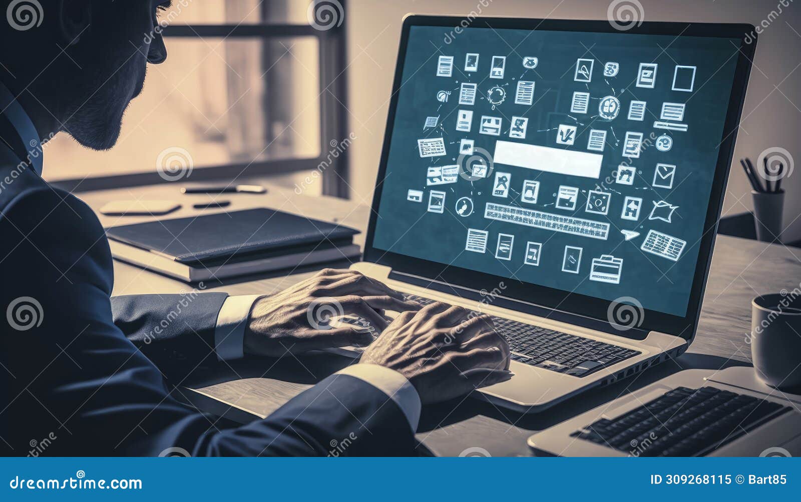 Project Manager Working on Computer at the Office. Concept with Icons ...