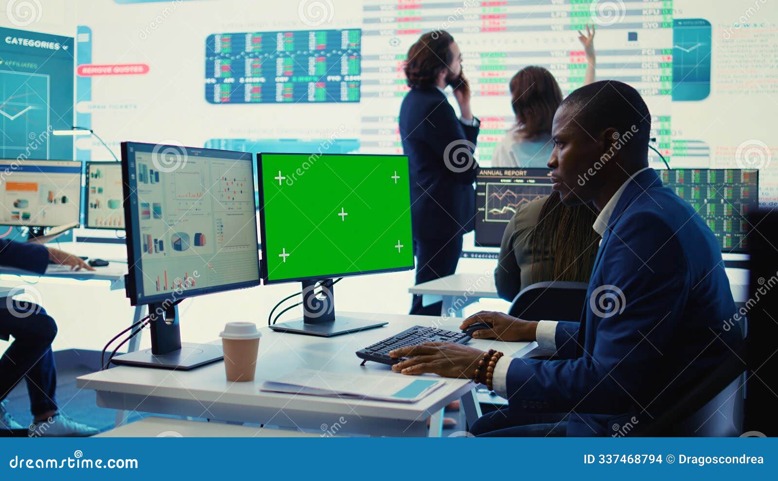 Project Manager Works with Infographics Reports and Greenscreen Stock ...