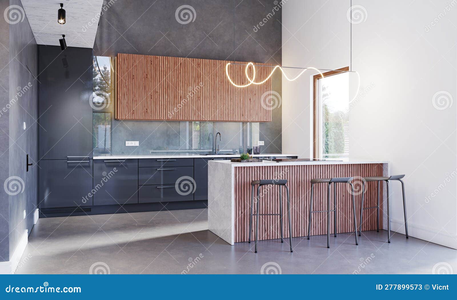 The Project of a Modern Kitchen with a Panoramic Window. Stock ...
