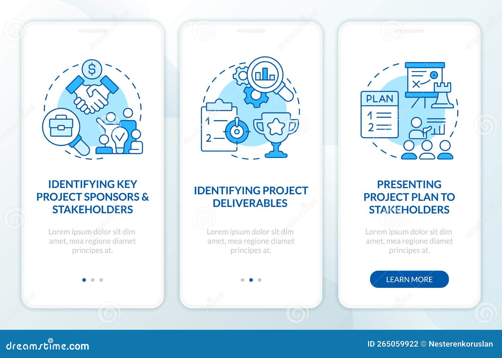 Project Planning Stages Blue Onboarding Mobile App Screen Stock Vector ...
