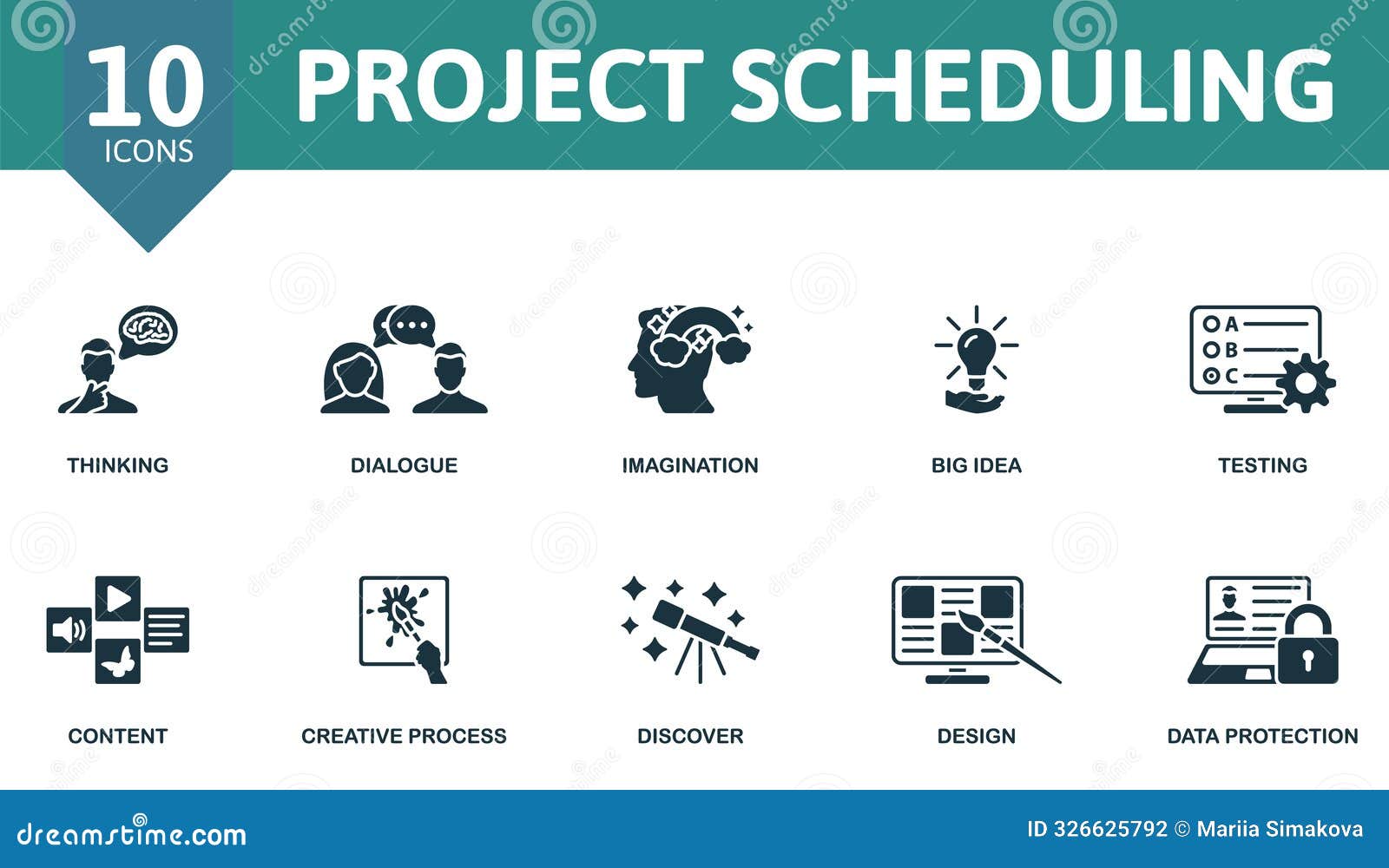 Project Scheduling Icon Set. Thinking, Dialogue, Imagination, Big Idea ...