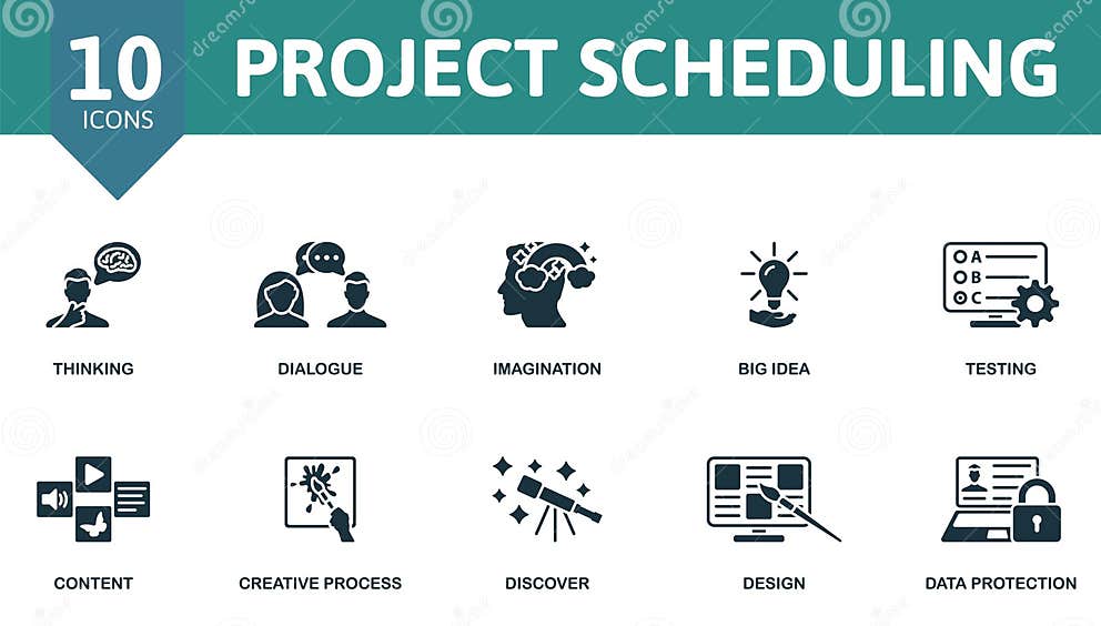 Project Scheduling Icon Set. Thinking, Dialogue, Imagination, Big Idea ...