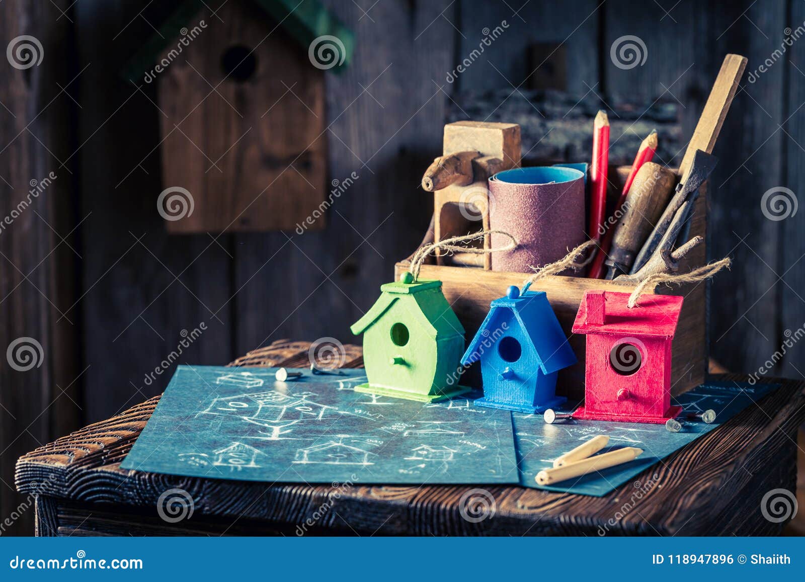 Project of Small Bird House and Blue Construction Plan Stock Photo ...